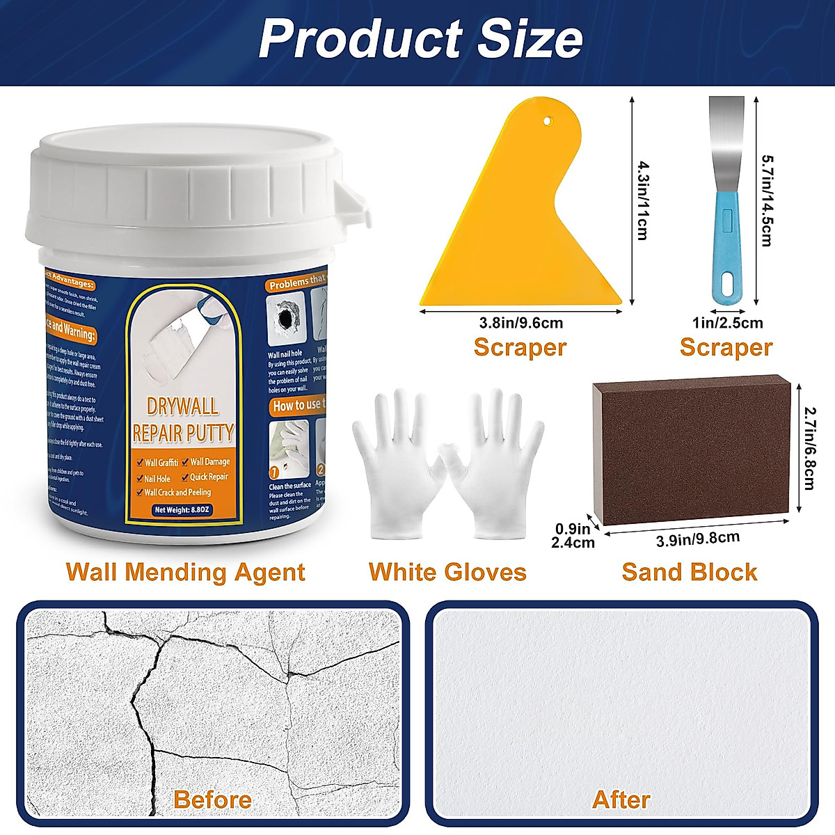 Drywall Repair Kit 8.8OZ Spackle Wall Repair Kit with Scraper Sanding Pad to Quick Fix Wall Surface Holes and Creak Damage Wall Mending Agent for Home Wall Putty Plaster Dent Wood Scratch Repair
