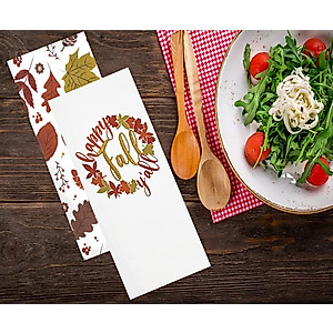 Mainstream Fall Kitchen Towels, Set of 2, Happy Fall Y all with Tossed Leaf Acorn Print Cotton Dual-Sided Terry Dishtowels Drying Cloth 16*26 inches White, Rust, Gold, Tan, Brown