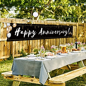 TZSS Happy Anniversary Decorations, Black Happy Anniversary Banner Yard Signs, Wedding Anniversary Decorations for Party（118" X 20"）