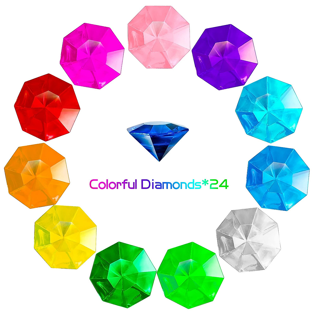 PANTIDE 35Pcs Acrylic Diamond Gems Jewels Alloy Gold Round Ring Set the Blue Hedgehog Chaos Emeralds Power Rings Party Favor Supplies Cake Decoration Pirate Treasure Chest Hunt with Bag