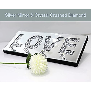 Crush Diamond Mirrored Love Letter Plaque Sign for Wall Decor, Crystal Clear Hooks Key Holder Key Hanger, Silver Mirror Decoration Wall Art, Wall Mounted Home Decor 15"×5.9"×1.6"