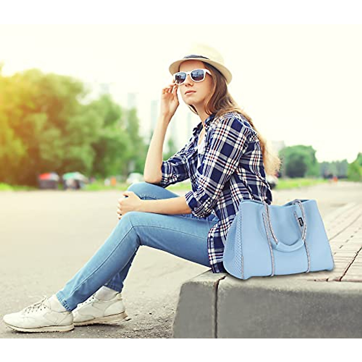 QOGiR Neoprene Multipurpose Beach Bag Tote with Inner Zipper Pocket (Light Blue, Large)