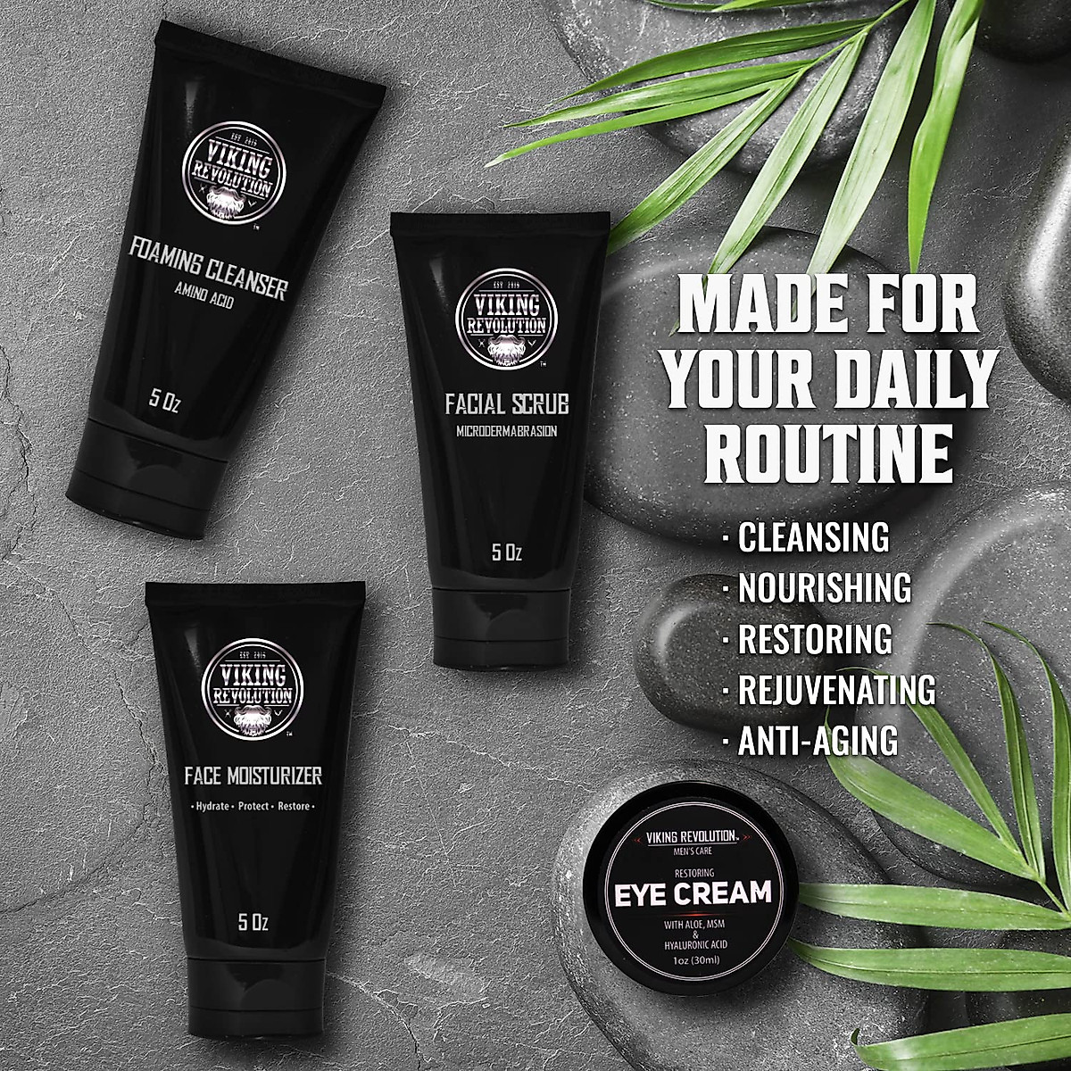 Viking Revolution Mens Facial Skin Care Kit - Includes Rejuvenating Face Moisturizer (5oz) Microdermabrasion Facial Scrub (5oz) Foaming Cleanser (5oz) Eye Cream (1oz)