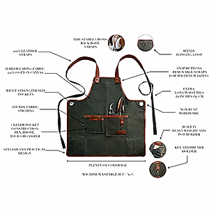 Garden Apron for Women Men, Gardening Apron with Pockets and Adjustable Leather Straps, Canvas Waist Kitchen Apron for Harvesting Weeding Gardening Cooking Baking, Gardener Gift Idea