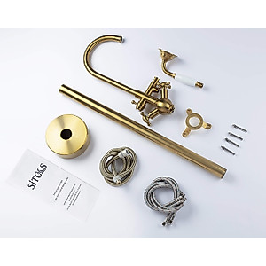 SITGES Solid Brass Freestanding Bathtub Faucet, Bathroom Floor Mount Tub Filler, Dual Function Double Cross Handle with Ceramic Hand Shower, Brushed Gold