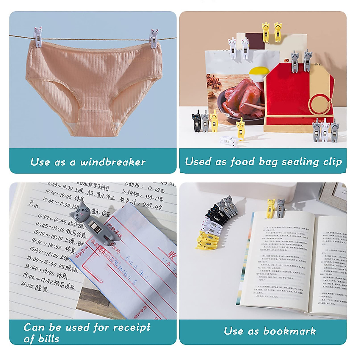 6Pcs Cat Shaped Bag Clips, Small Cat Chip Clips, Paper Clamp, Clothespin Chip Food Storage Bag Seal Clamp, Mini Multipurpose Clips Food Sealer(Gray)