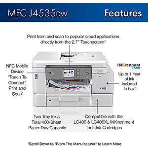 Brother MFC-J4535DW INKvestment Tank All-in-One Color Inkjet Printer with NFC, Auto 2-Sided Printing, Print Scan Copy Fax, Built-in wireless, 4800 x 1200 dpi, White - Bundle with Cefesfy Printer Cable
