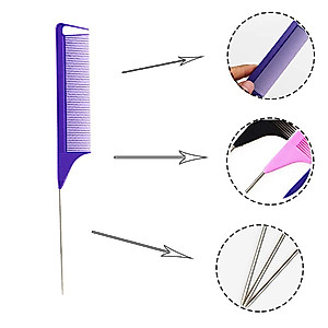 Generic 3 Pack Rat Tail Comb Steel Pin Carbon Fiber Heat Resistant Parting Combs with Stainless Steel Pintail Purple