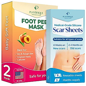 PLANTIFIQUE Foot Peel Mask with Peach 2 Pair and Silicone Scar Sheets 6 Pack