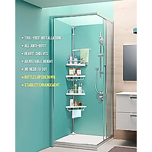 ADOVEL 4 Layer Corner Shower Caddy, Adjustable Shower Shelf, Constant Tension Stainless Steel Pole Organizer, Rustproof 3.3 to 9.8ft