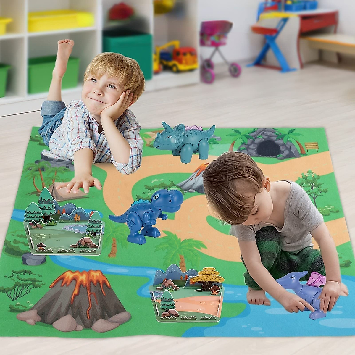 ThinkMax Magnetic Dinosaur Toys for Kids, Take Apart toys with Light, Roar Sound, Play Mat & Painting Kit, Kids Trex Christmas Birthday Gifts for Boys Girls 2 3 4 5 Year Old, Medium, Green Blue Purple