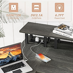 Mr IRONSTONE L Shaped Desk with Power Outlets & LED Lights, Computer Desk with Long Monitor Stand, 47 Inch Office Desk, Corner Desk for Small Space, Home Office Desk, Black Oak