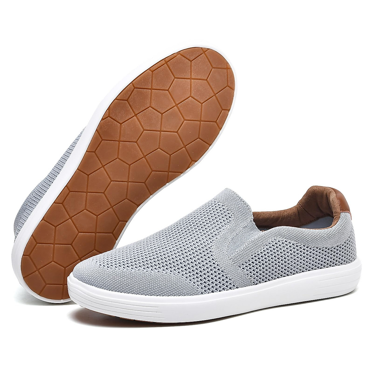 konhill Men's Slip on Sneaker - Knit Walking Loafers Memory Foam Driving Work Skate Shoes Arch Support Slip Resistant Shoes 9 US Gray,42