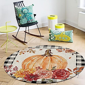 Fall Thanksgiving Round Area Rug 3ft,Washable Outdoor Indoor Carpet Runner Rug for Bedroom,Kitchen,Living Room,Office,Area+Rug Small Bath Door Desk Floor Mat Autumn Pumpkin Flower Leaves Plaid Check