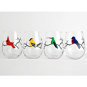 Bird Glassware Set of 4 Stemless Wine Glasses, Cardinal, Bluebird, Yellow Finch, Hummingbird Glass Collection