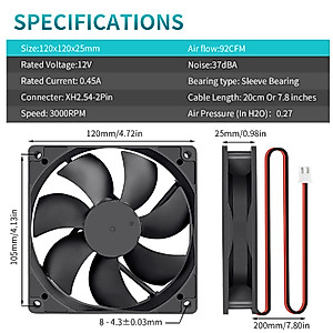 Wathai 120x120x25mm 120mm 12V 0.45A 2Pin DC Brushless Cooling Fan