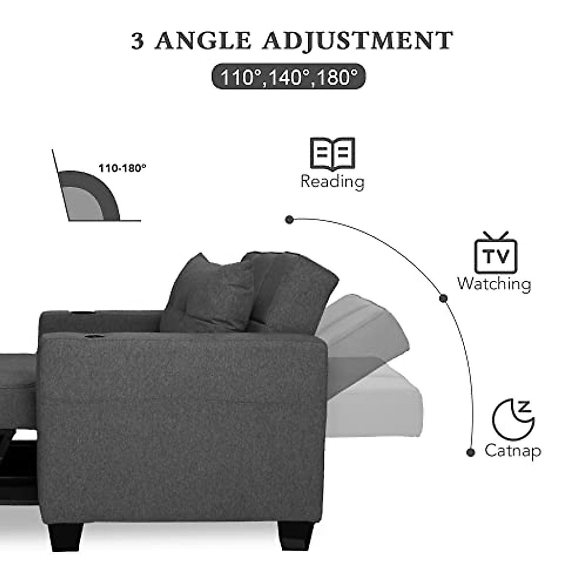 DURASPACE Futon Sofa Bed, 3 in 1 Convertible Sofa Chair Bed, Adjustable Backrest Chair, Chaise Lounge with USB Ports, Cup Holder, Side Pocket, Storage Box for Living Room (Dark Gray Linen)