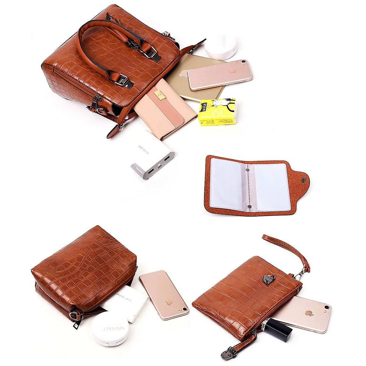 Women Handbag and Purse 4pcs Wax PU Tote Set Shoulder Top Handle Bag Satchel Clutch Card Holder wtih Tassel Brown