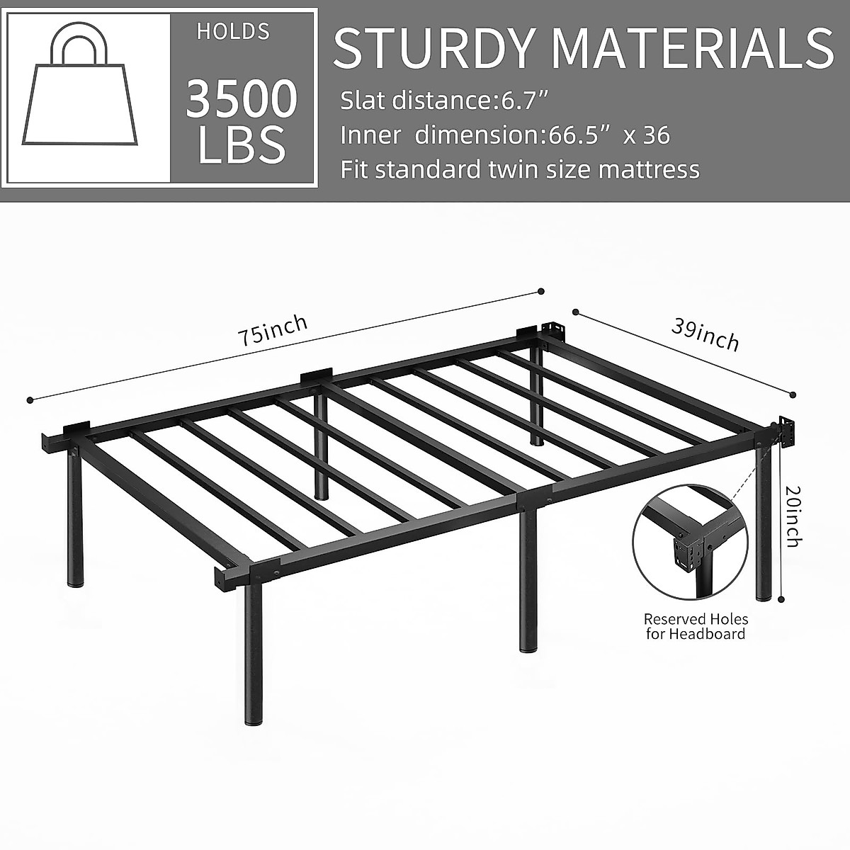HAAGEEP 20 Inch Tall Platform Bed Frame Twin Size Metal Bedframe No Box Spring Needed Heavy Duty Mattress Frames High