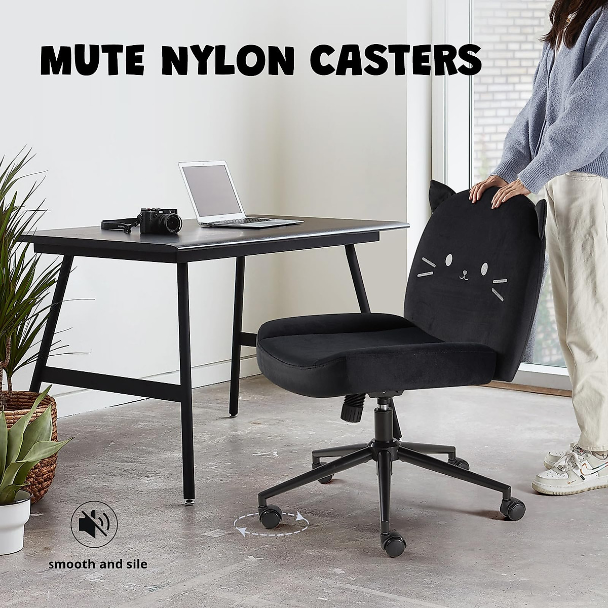 IWMH Armless Office Desk Chair with Wheels,Ergonomic Criss Cross Legged Computer Chair with Fabric Padded, Height Adjustable Wide Seat Vanity Chair,Mid Back Task Chair for Home, Bedroom (Black)