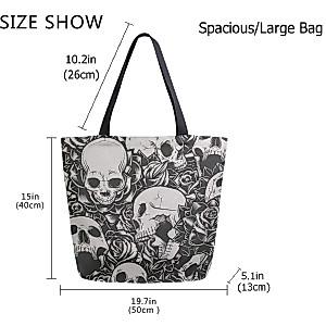 ZzWwR Horrible Dark Skulls Flowers Pattern Extra Large Canvas Market Beach Travel Reusable Grocery Shopping Tote Bag Portable Storage HandBags