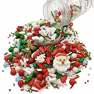 SE Si&Moos Edible Christmas Sprinkles for Cake Decorating Red Green and White Christmas Sprinkles Christmas Cake Decorations Christmas Tree Sprinkles Mix with Each 1 Santa Face and Deer Toopers 3 OZ