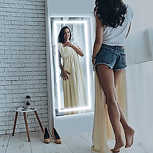 QiMH Vertical 47x22 Inch Wall Mounted LED Lighted Vanity Mirror with Aluminum Frame Backlit, 3 Colors Dimmable Light, Bedroom and Bathroom Hanging Rectangle Whole Body Mirror