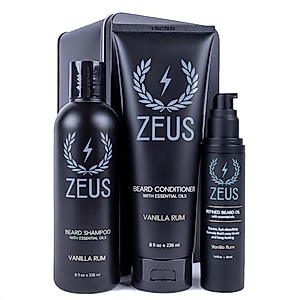 ZEUS Beard Starter Kit for Thick Beards, Natural Beard Shampoo, Beard Conditioner & Premium Refined Beard Oil (Made in USA) Vanilla Rum