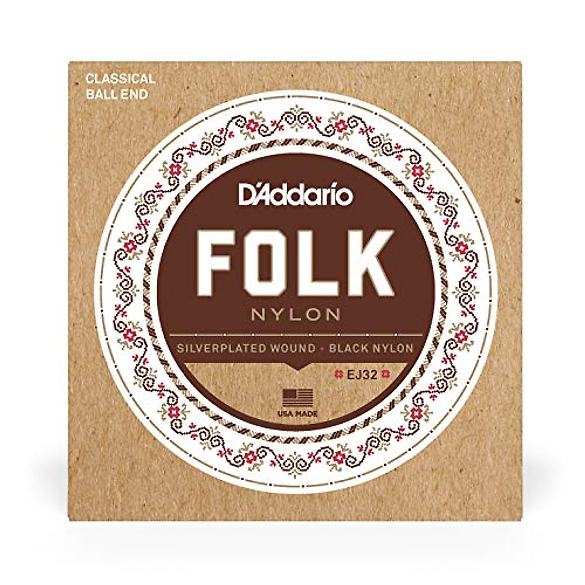 D'Addario Guitar Strings - Folk Nylon Guitar Strings - EJ32 Classical Guitar Strings - Nylon Core, Ball End - Silver Plated Wrap, Black Nylon Trebles