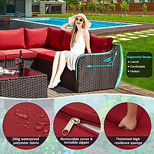 HOMREST 7 Piece Patio Furniture Set, PE Rattan Sectional Sofa, High Back Outdoor Furniture Set, Wicker Patio Conversation Set with Cushion and Glass Table for Garden, Backyard, Poolside(Khaki+Red)