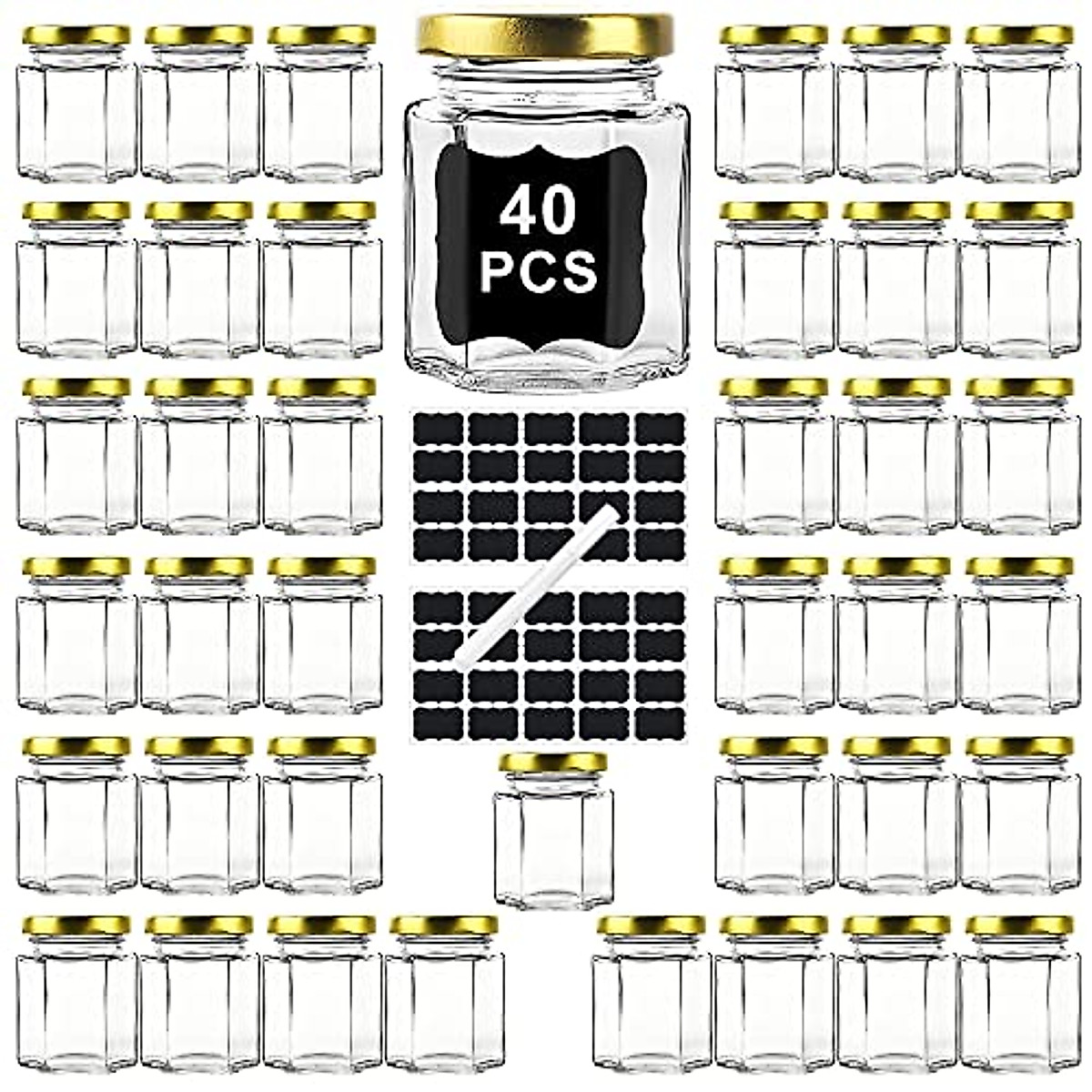40 Pack Small Glass Honey Jars with Lids for Wedding Favor, Baby Showers, 3 Oz Airtight Glass Canning Jars with Lids, Hexagonal Glass Jars for Spice, Candy, Jam, Waterproof Stickers