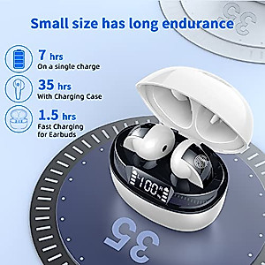 Renimer Wireless Earbud, Bluetooth 5.3 Headphones in Ear with Immersive Sound, Bluetooth Earbud Dual LED Display Wireless Earphones IP7 Waterproof Ear bud, 35H Playtime, Noise Cancelling, USB-C, White