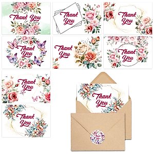 32 PCS Flower Thank You Cards with Kraft Paper Envelopes Stickers 4''x6'', Versatile Thank You Card Sets for Various Events - Birthday, Wedding, Business, Baby Shower, Graduation, Bridal Shower