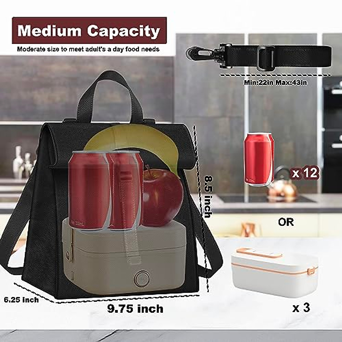 Lunch Bag for Women & Men, Foldable Lunch Box for Adults Insulated Lunch Bag for Office Work Picnic with Shoulder Strap, Black