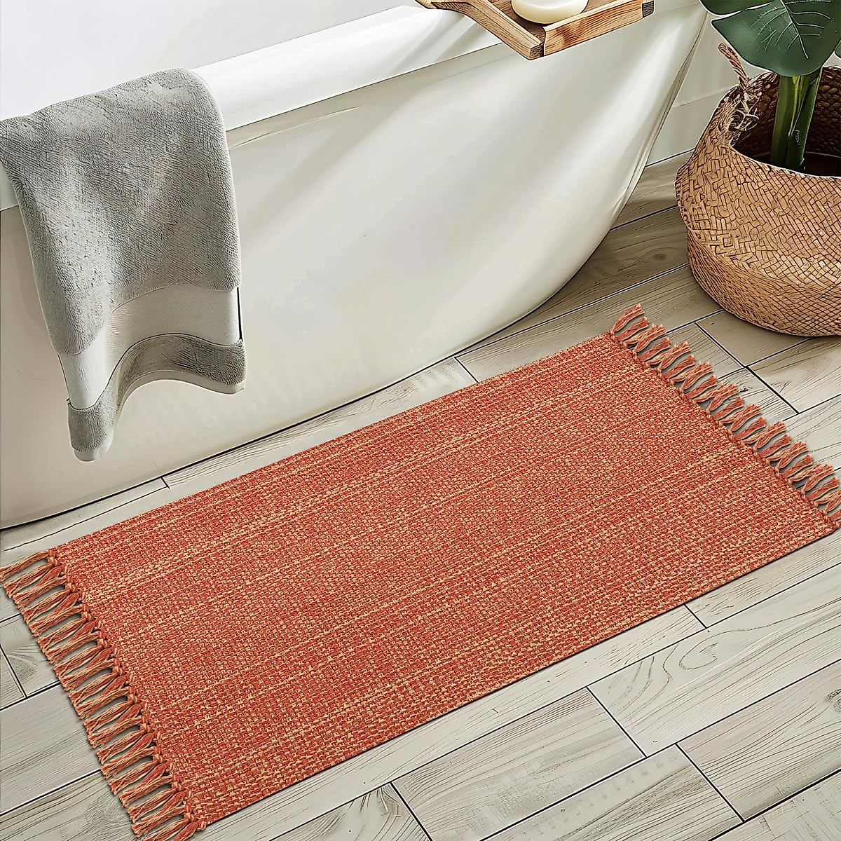 Boho Bathroom Rug, 2' x 3' Small Area Rug Hand-Woven Low Profile Entryway Rug with Tassels, Terracotta Cotton Braided Reversible Washable Kitchen Mat Farmhouse Fall Front Door Rug for Foyer Indoor