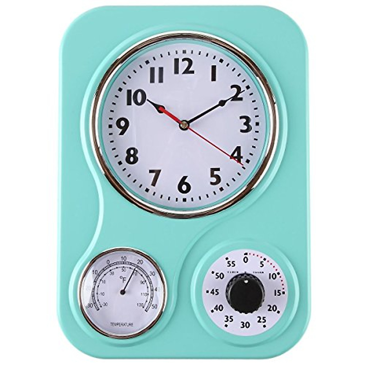 Lily's Home Retro Kitchen Wall Clock, with a Thermometer and 60-Minute Timer, Ideal for Any Kitchen, Turquoise (9.5 in x 13.3 in)