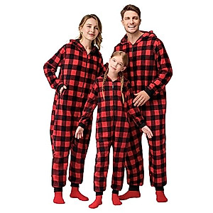 Giggling Getup Christmas Fleece Plaid Pajamas Jumpsuits Adult, Christmas Women Hoodie Full Zipper Pajamas-XL Red