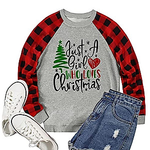 PECHAR Just A Girl Who Loves Christmas Sweatshirt for Women Christmas Tree Graphic Shirts Xmas Long Sleeve Pullover Tops