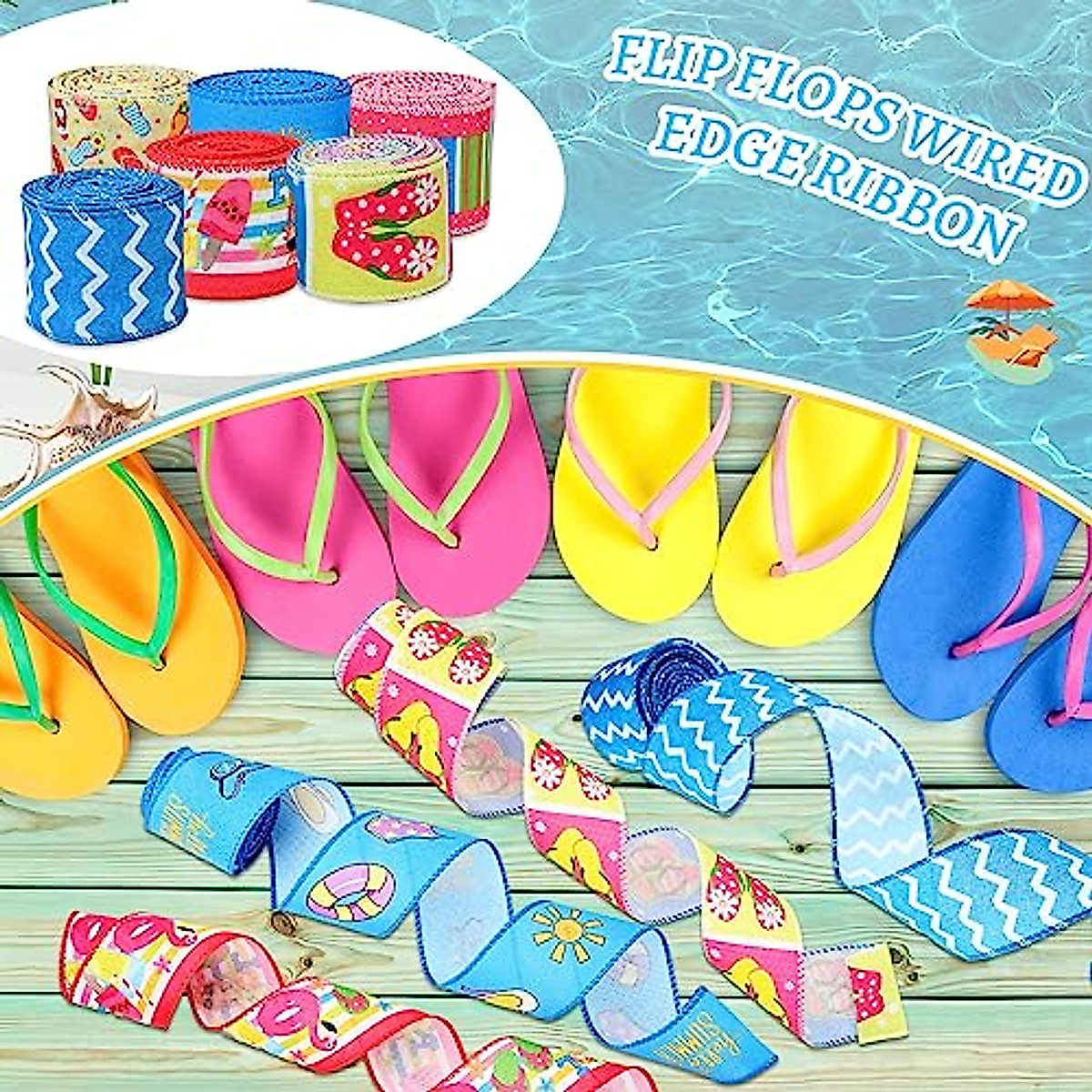 6 Rolls 30 Yards Summer Wired Ribbon Flip Flop Waves Polka Dot Stripe Fabric Decorative Ribbon Summer Themed Burlap Ribbons for Summer Wreath Bow DIY Craft