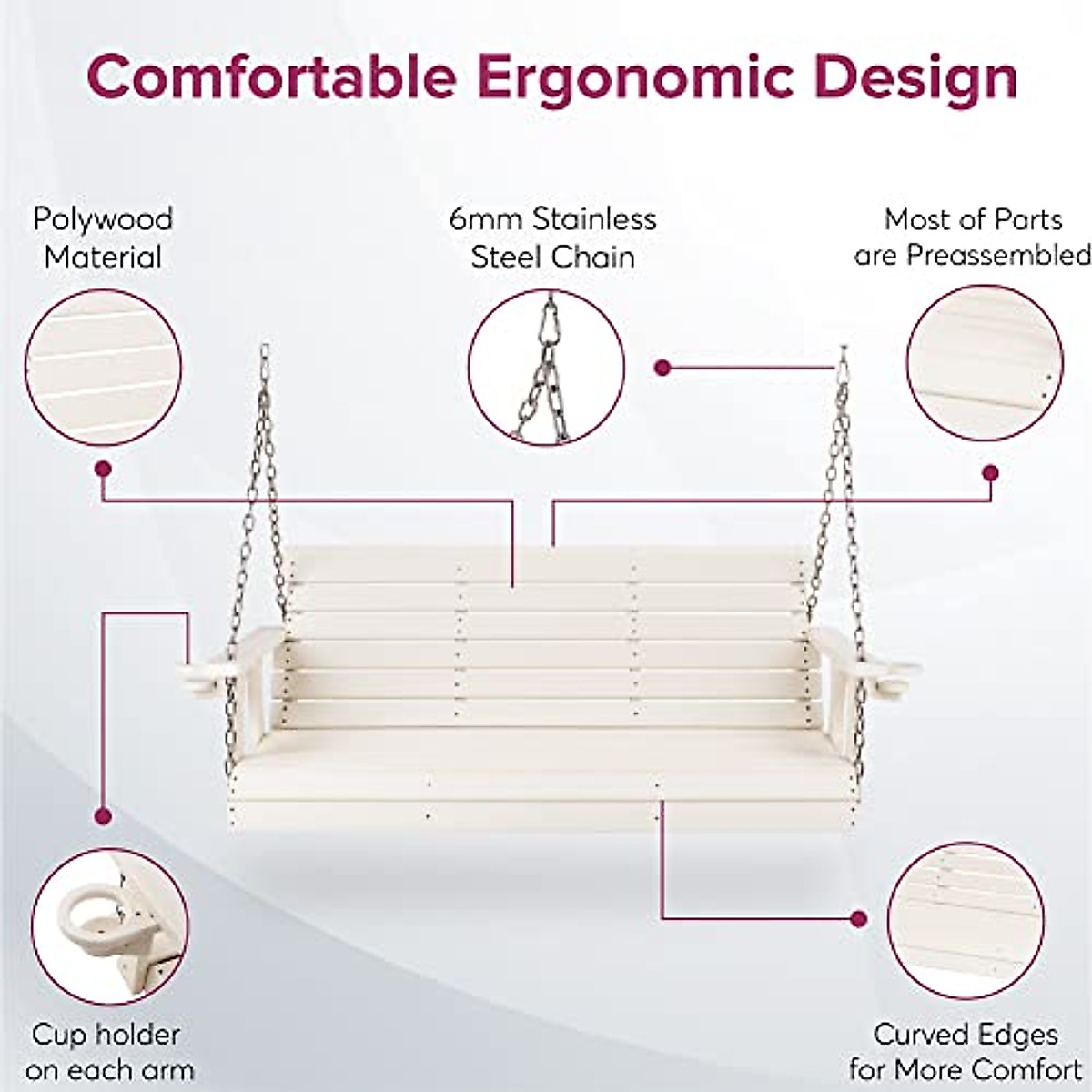 XETALE HDPE White Wood Porch Swing - 59x24.8x18.5 - Outdoor Hanging Bench Swings for Adults - Home Furniture for Deck, Patio, Den, Yard - Polywood Material, Accessories Included - Max Weight 880lbs