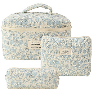 Cessfle Kawaii Cotton Makeup Bag Large Travel Cosmetic Bag Quilted Coquette Makeup Pouch Aesthetic Floral Toiletry Bag