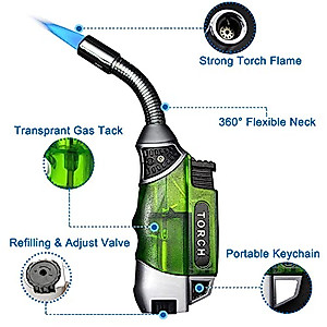 Yeuligo Torch Lighters, Butane Lighter with 360° Flexible Neck and Visible Window, Refillable Grill Lighter with keyhole, Green(without Gas)