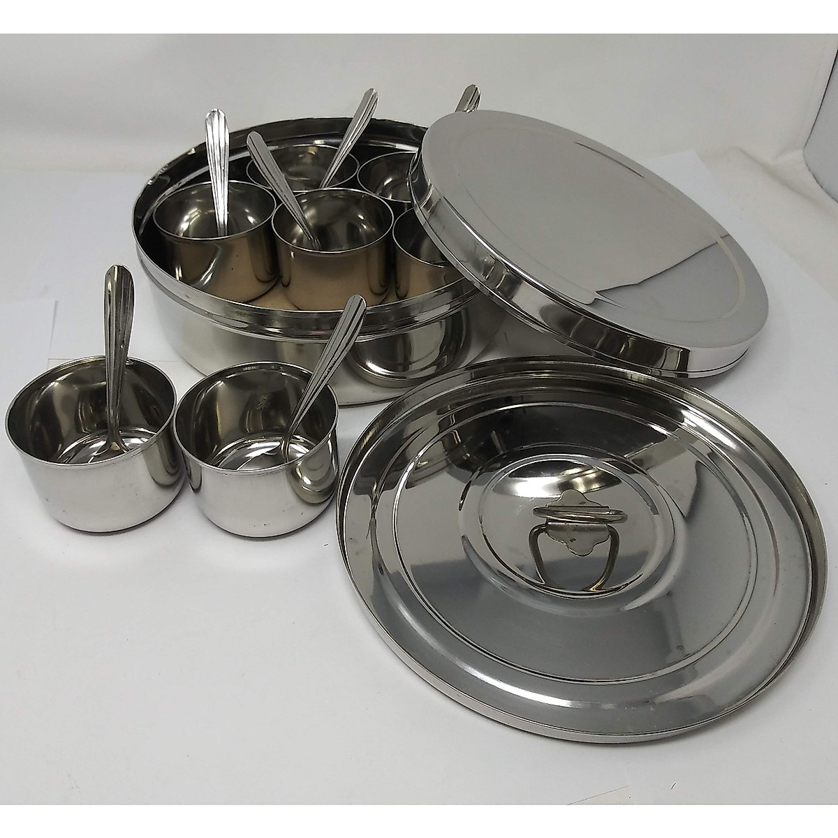 Tabakh Stainless Steel Sada Masala Dabba Spice Container Box - 7 Containers & 7 Spoons - 8.5-Inches