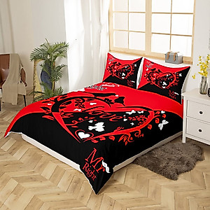 Mr Mrs Bedding Set Black Red Creative Funny Quotes Comforter Cover Couple Men Women Sexy Lip Mustache Duvet Cover Queen and King Romantic Wedding Themed Room Decor 3Pcs Queen Size (No Comforter)
