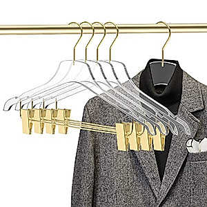 Quality Lucite Acrylic Clear Skirt Pants Trousers Bottom Hangers 5-Pack, with Adjustable Metal Clips, Made of Clear Acrylic for a Luxurious Look and Feel with Swivel Hook (Matte Gold, 5)