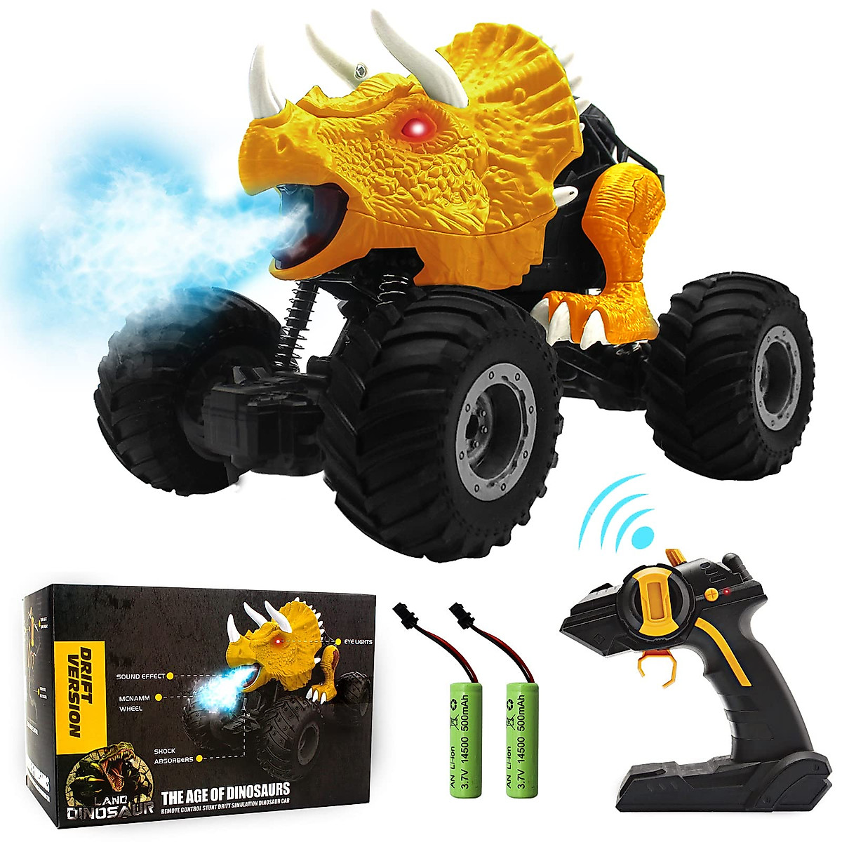 Bravepal Remote Control Stunt Dinosaur Car - 360° Rotation Off Road Monster 2.4 GHz RC Trucks Toy, 2 Rechargeable Batteries RC Car with Sound Effects, Flash Roar Spray and Lights for Boys Girls