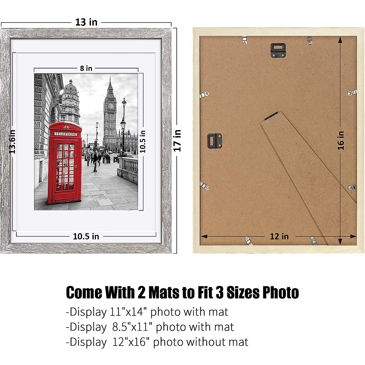 12x16 Rustic Picture Frames Solid Wood Display Pictures 11x14 or 8.5x11 Diplomas with Mat or 12x16 without Mat, Farmhouse Distressed Wooden Picture Frame for Wall or Table Top Display, Driftwood White