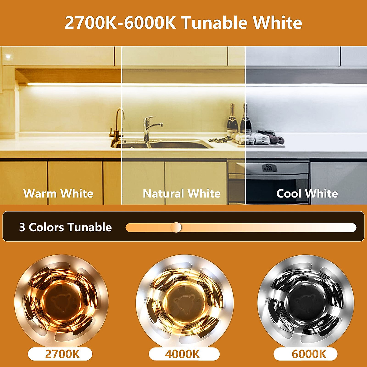 LLTOP Under Cabinet Lighting, Tunable White 3 Color 6 PCS LED Counter Strip Lights with Remote Control Dimmer and Adapter Dimmable Closet Lights Kit for Kitchen, Bedroom, Shelf, Showcase, TV Back