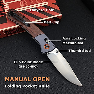 Everyday Carry Crooked River Knife, Axis Lock Knife with 3.7’’ D2 Steel Blade Wood Handle, EDC Manual Open Folding Pocket Knife with Thumb Stud, Belt Clip for Camping