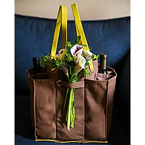 CapaBunga Farmer's Market Tote Shopping Bags with Handles - 7 Pocket Large Utility Tote Bag - Heavy Duty Canvas Utility Bag with Vegan Leather Base - Reusable Tote Bag - Brown Grocery Bag
